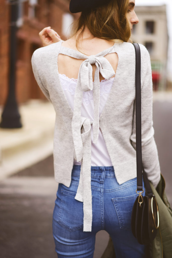 Open Back Sweater - The Dark Plum paired with over the knee boots